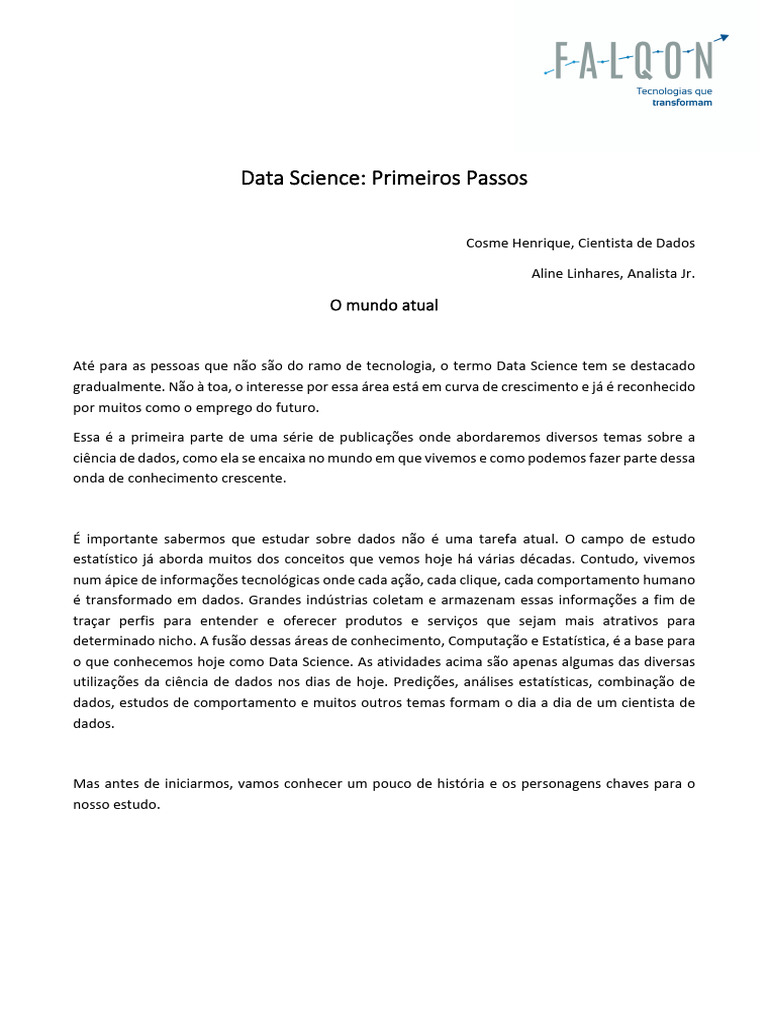 Artigo - Data Science - Primeiros Passos - Falqon | PDF | Ciência de Dados | Dados