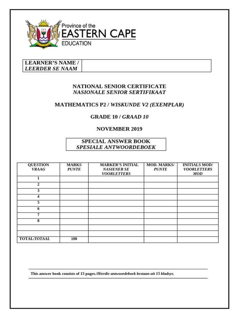 MATHS P2 GR10 ANSWERBOOK NOV2019 - Afr+Engl | PDF