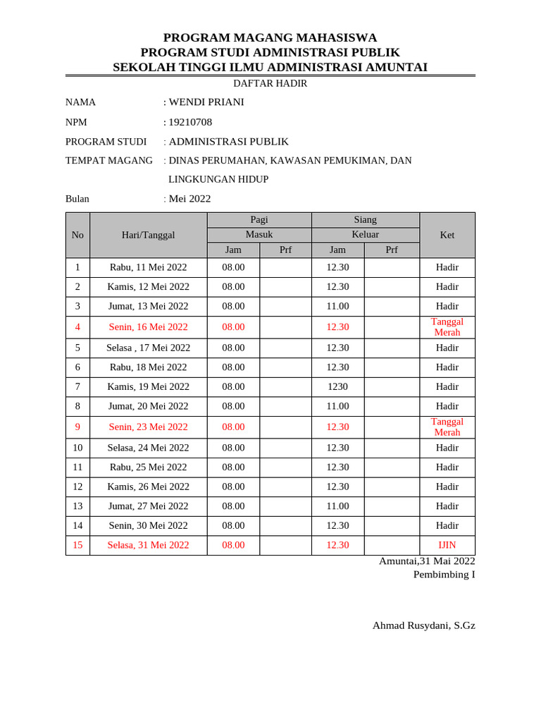 ABSEN MAGANG KLH Wendi P | PDF