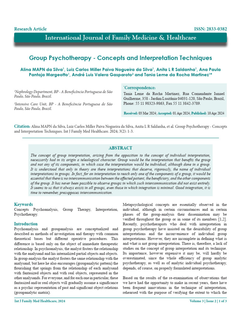 Group Psychotherapy Concepts and Interpretation Techniques | PDF ...