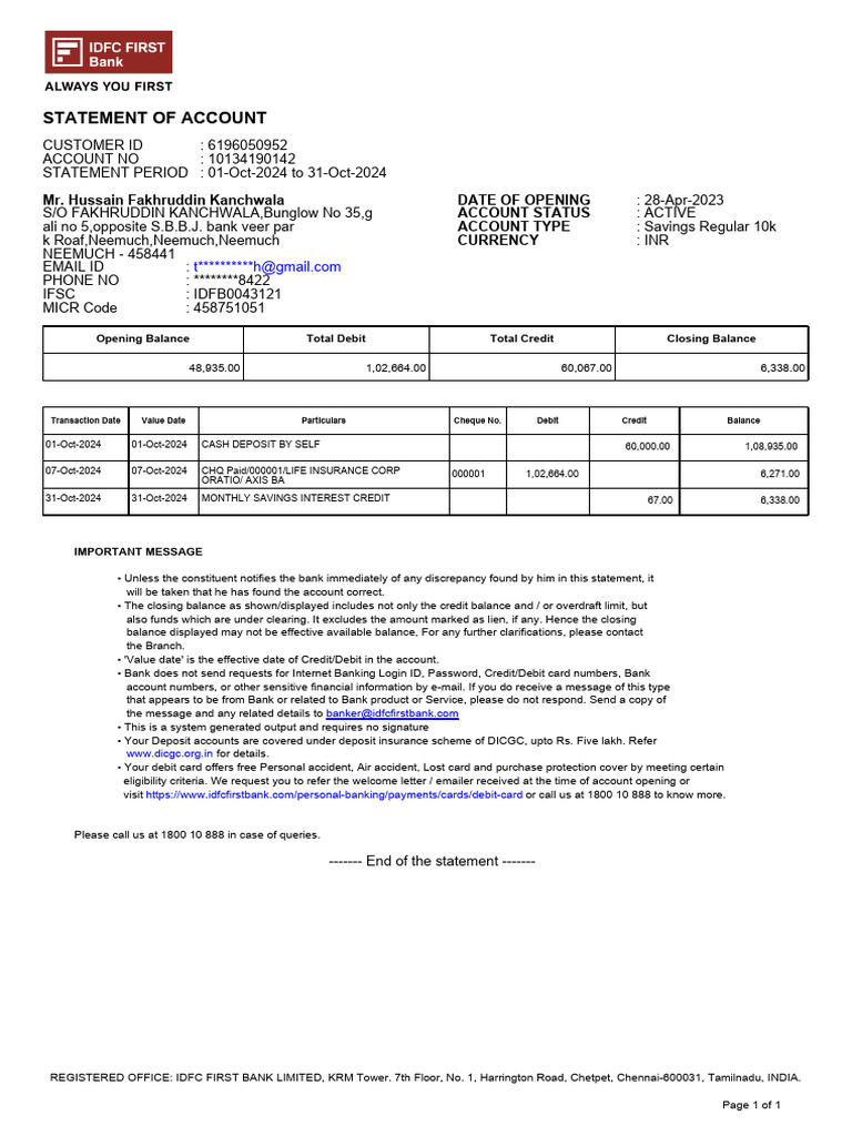 XXXXXXX0142 - Account Statement - Unlocked | PDF | Debit Card | Banks