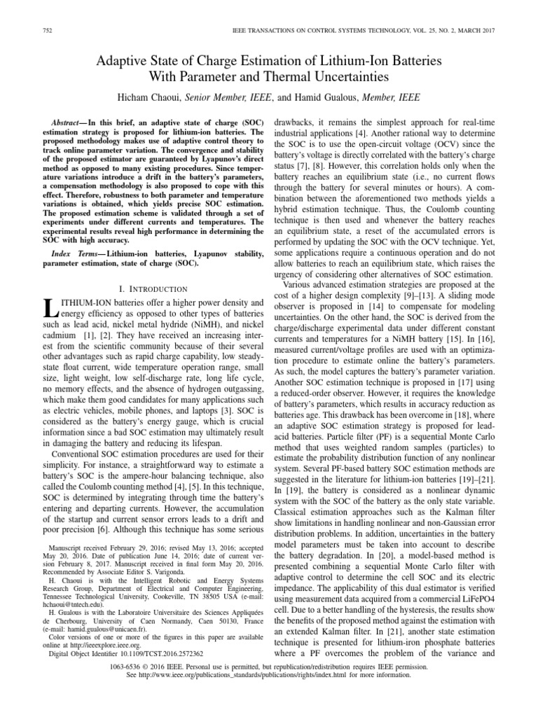 Adaptive State Of Charge Estimation Of Lithium Ion Batteries With Parameter And Thermal