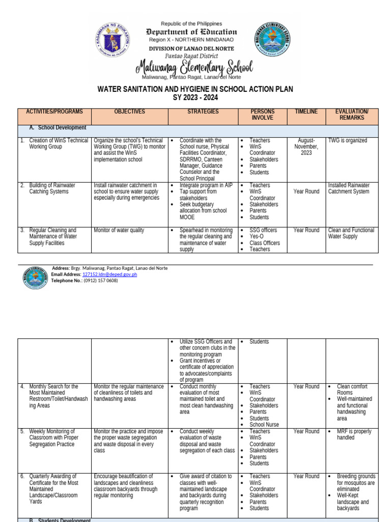 WASH Action Plan SY 2023 2024 | PDF | Hand Washing | Water Supply
