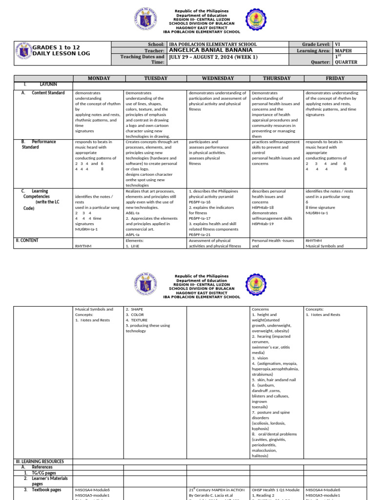 DLL - Mapeh 6 - Q1 - W1 | PDF | Rhythm