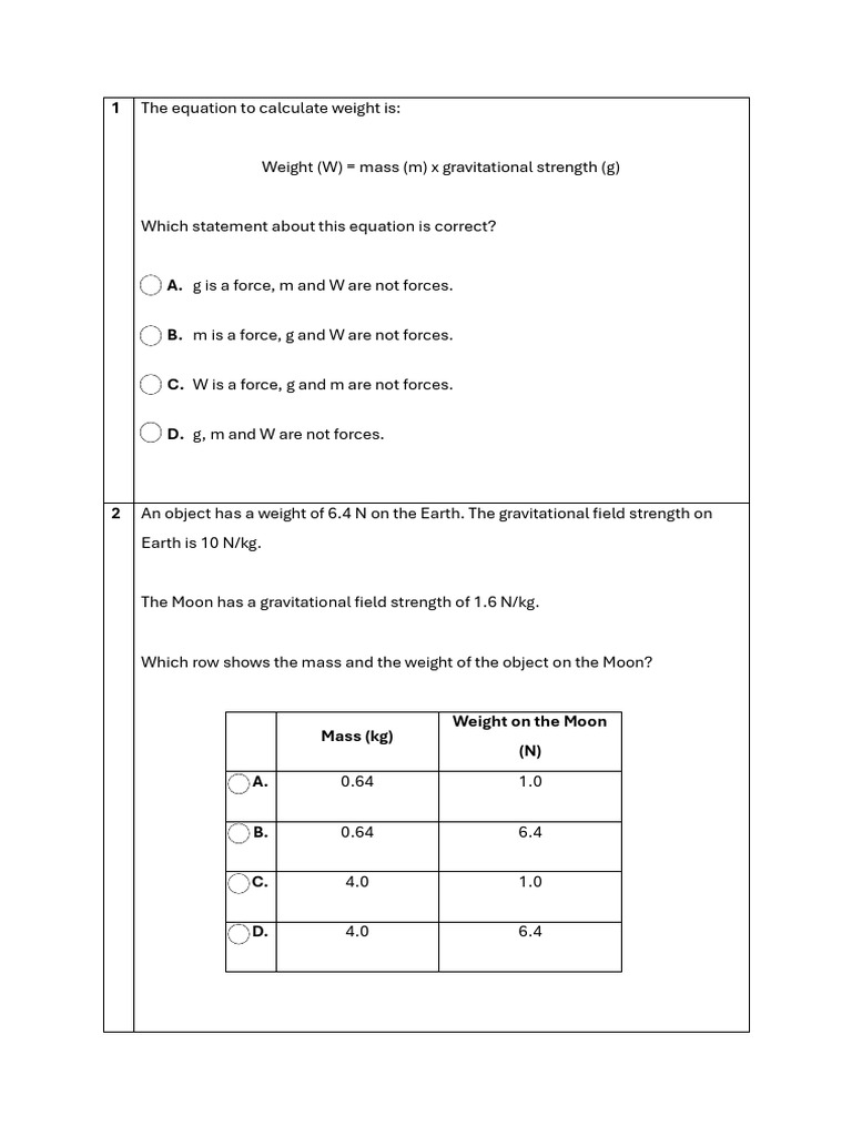 Unit 3 worksheet | PDF | Weight | Gravity