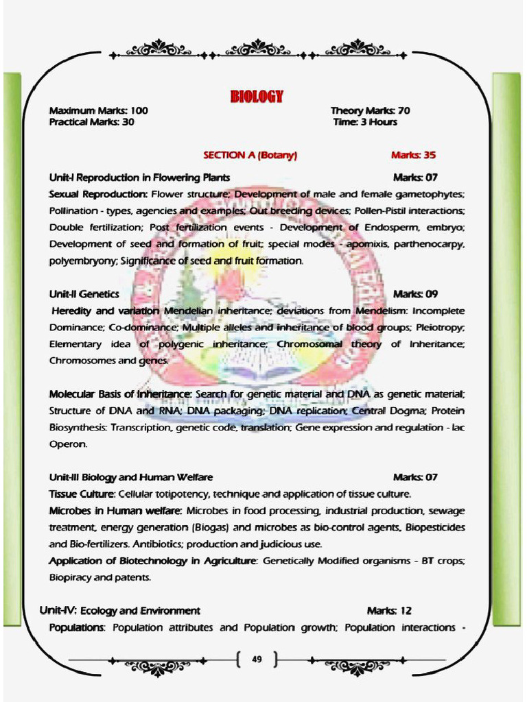 Zoology Syllabus 12th | PDF