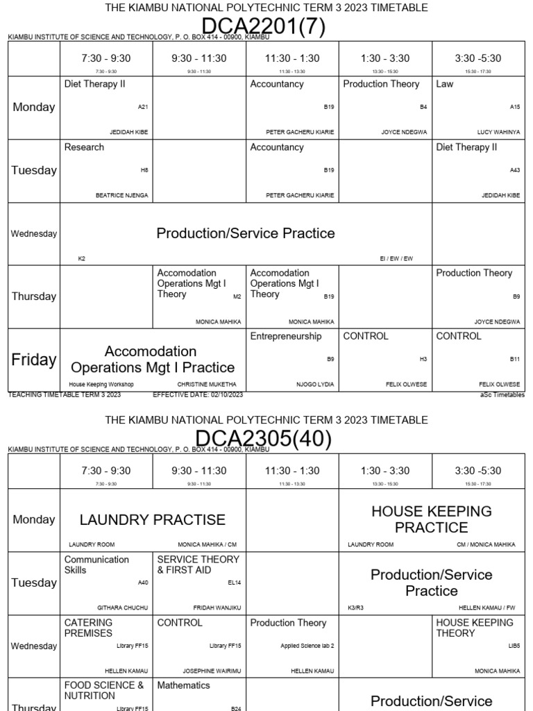Hospitality Department Class Timetable Effective 9 October 2023 | PDF ...