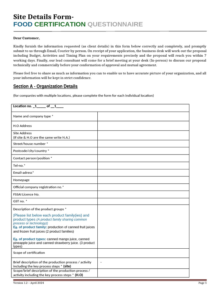 Questionnaire_Form_Food Safety | PDF