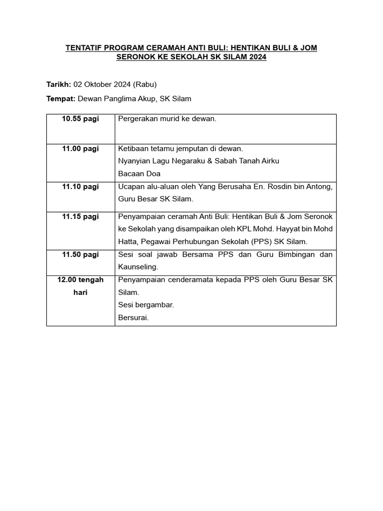 Tentatif Program Ceramah Anti Buli | PDF