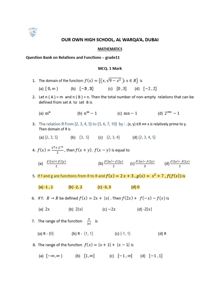 Qn. Bank - Relation - Function-Gr-11 | PDF | Elections | Function (Mathematics)
