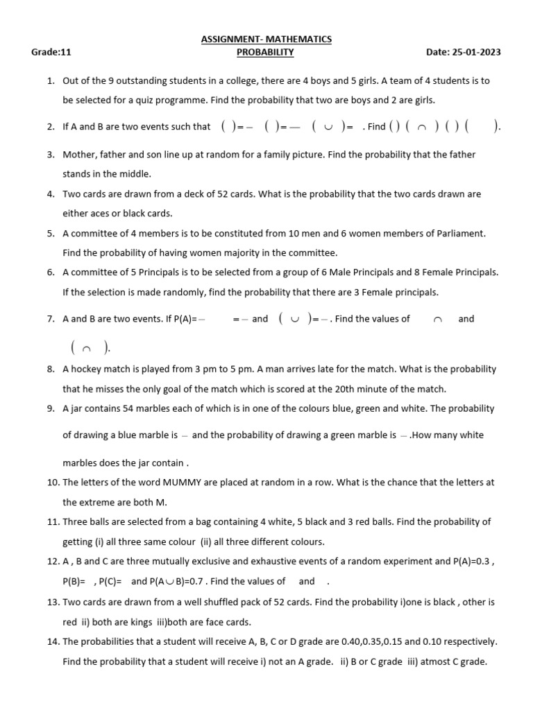 Grade 11 Probability Assignment | PDF | Probability | Probability Theory