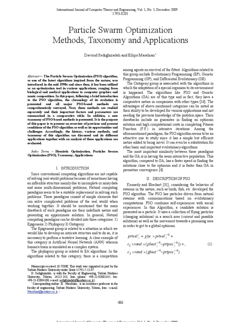 Particle Swarm Optimization Pdf Mathematical Optimization Systems Theory