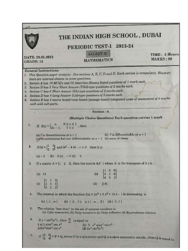 IHS Periodic Test - 1 Paper 2023 | PDF