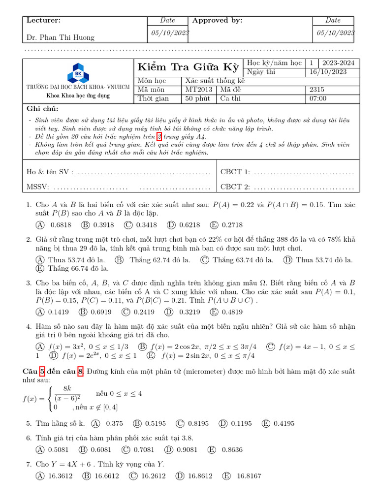 Đề thi GK-XSTK K23 | PDF