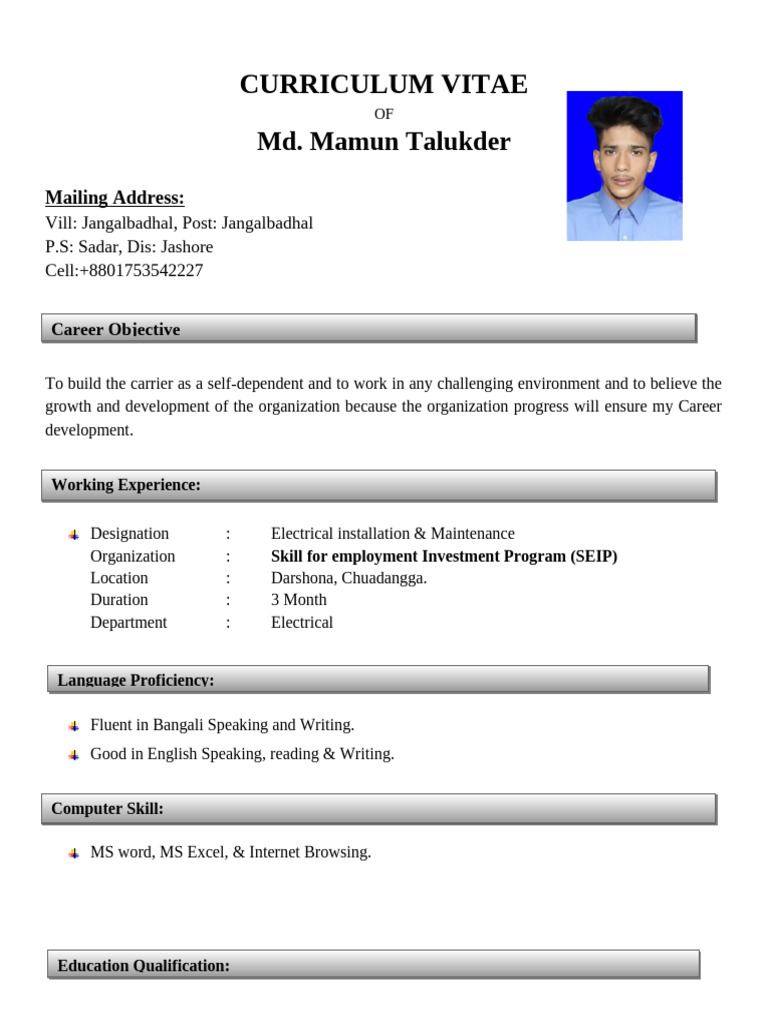 Curriculum Vitae: Md. Mamun Talukder | PDF