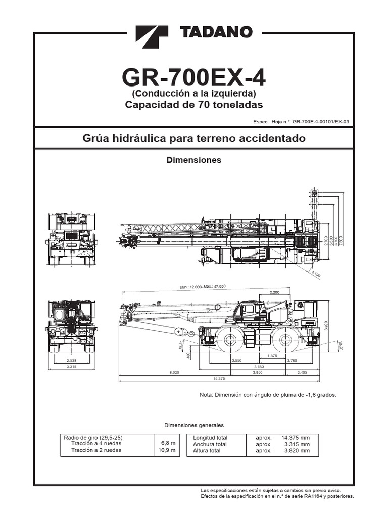 Especificaciones Grúa Hidráulica 70T | PDF | Direccion | Cambiar