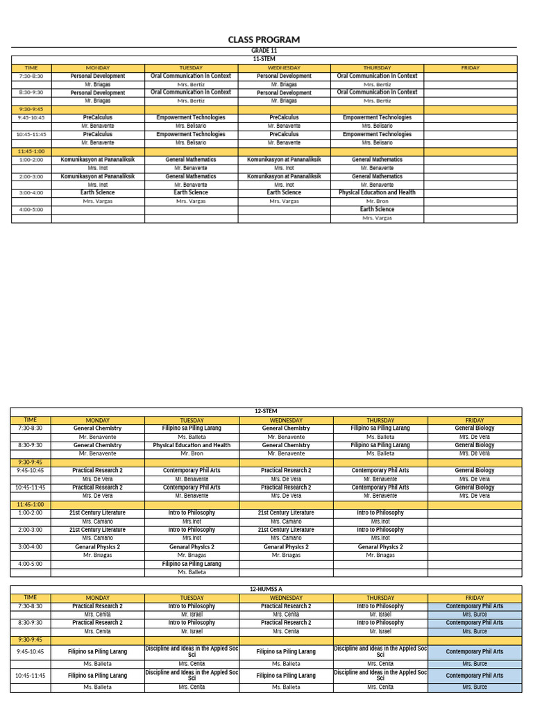 Class Schedule 2024-2025 Complete With Tecahers Sched | PDF | Natural Sciences | Liberal Arts ...
