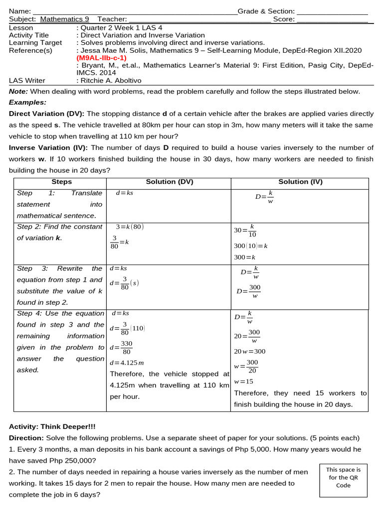 LAS Math9 WEEK1 LAS4 DIRECTandINVERSE - VARIATIONS - Revise | PDF ...
