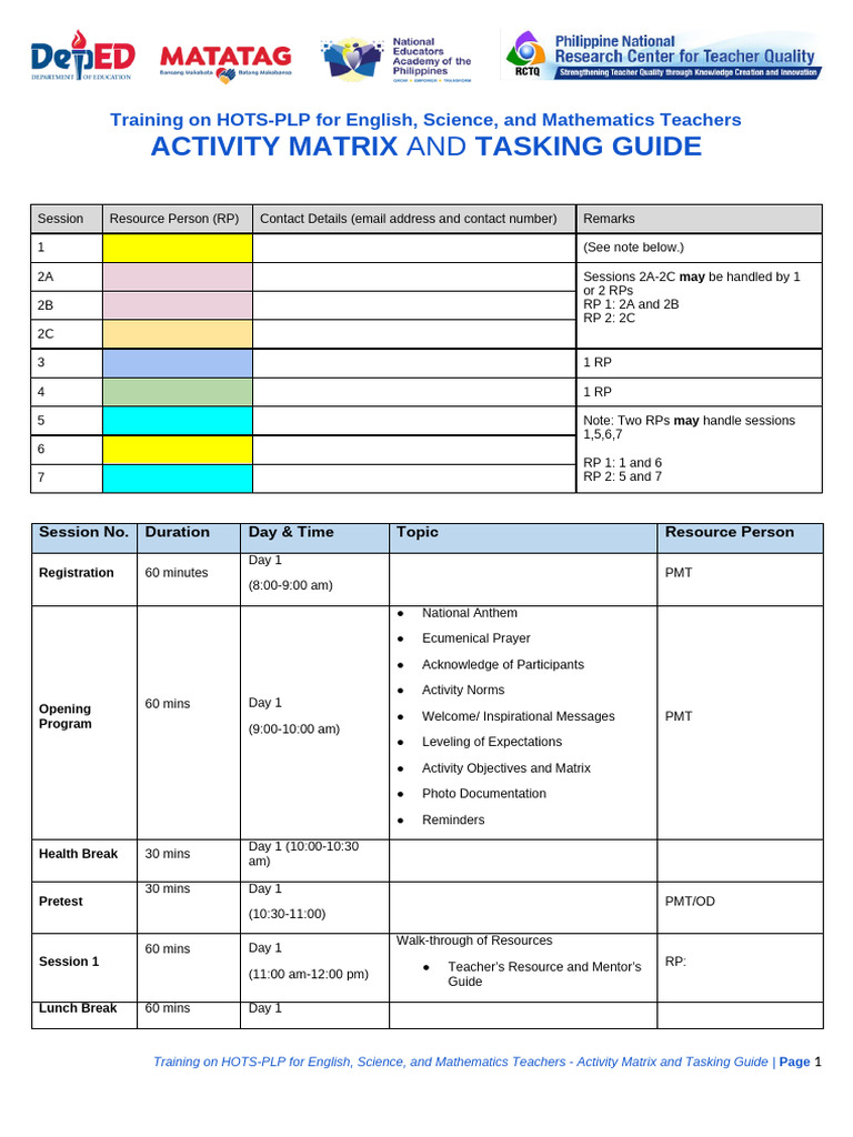 Activity Matrix + RP Tasking Guide | PDF | Education Theory | Behavior ...
