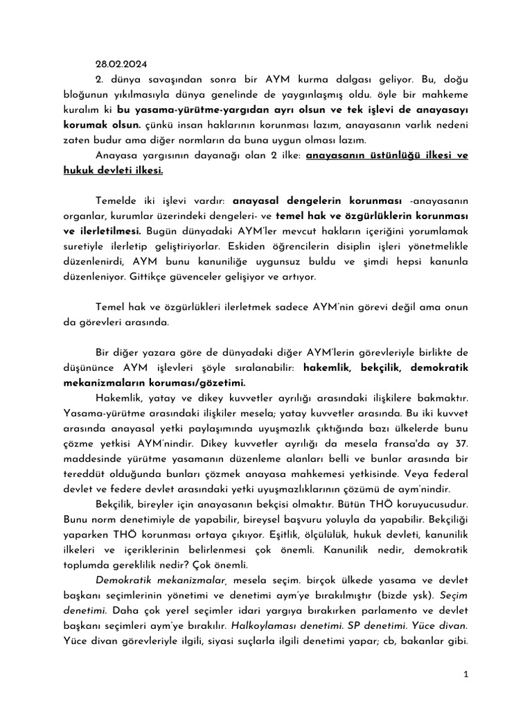 Anayasa Yargısı Not - Vize Öncesi | PDF