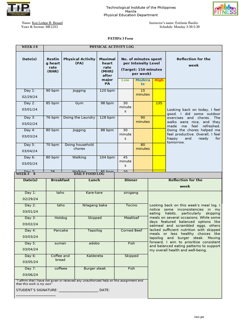 Weekly Physical Activity and Food Log | PDF | Foods | Cuisine