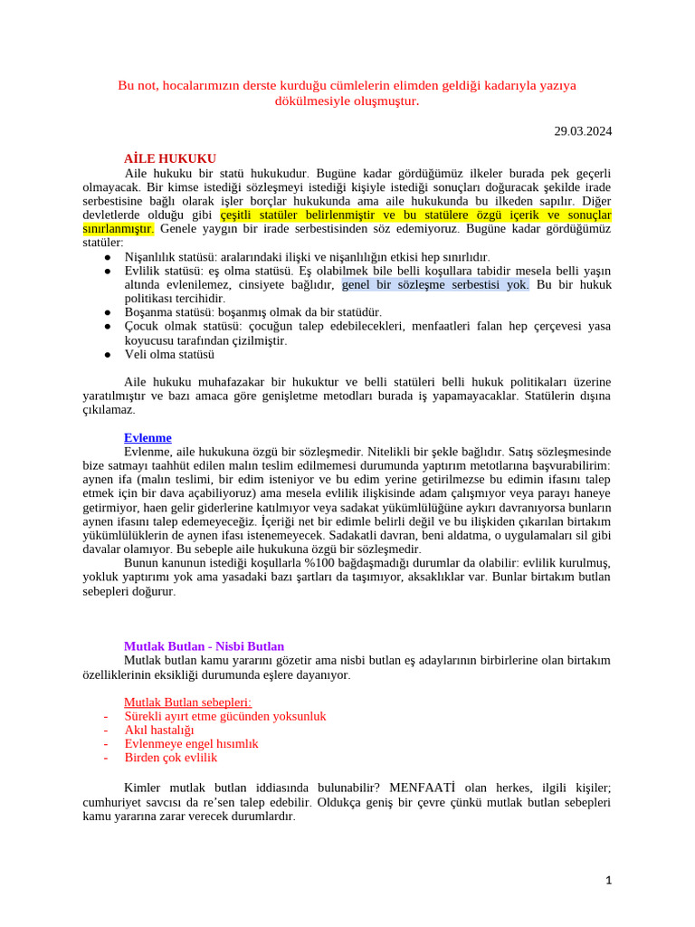 Aile Hukuku Not | PDF