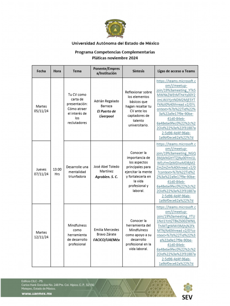 Programa Platicas Ea Noviembre 2024 | PDF