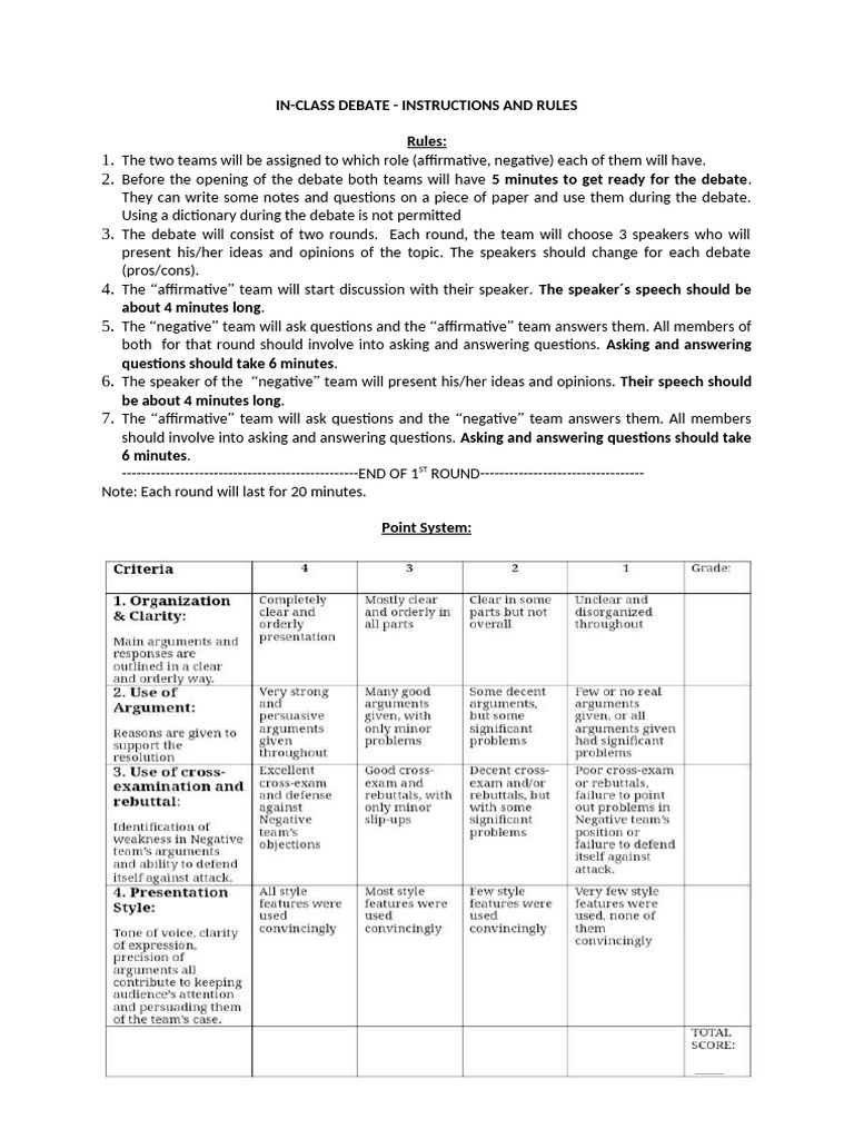 Class Debate Instructions and Rules | PDF