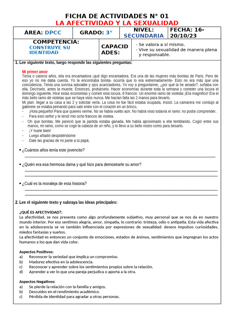 Unidad 7 - Ficha - Sem 1 - DPCC 3° | PDF | La sexualidad humana | Amor