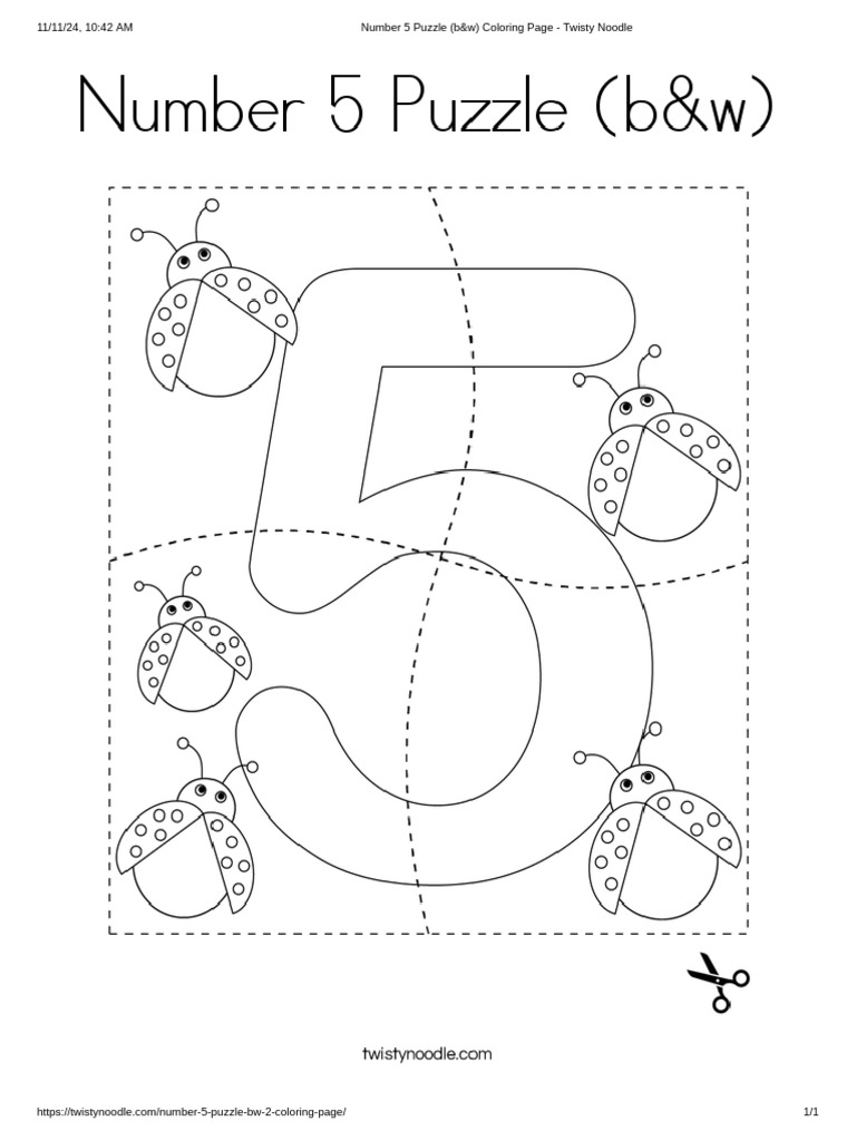 Number 5 Puzzle (B&W) Coloring Page - Twisty Noodle | PDF