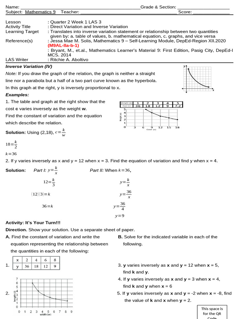 LAS Math9 WEEK1 LAS3 DIRECTandINVERSE - VARIATIONS - Revise | PDF ...