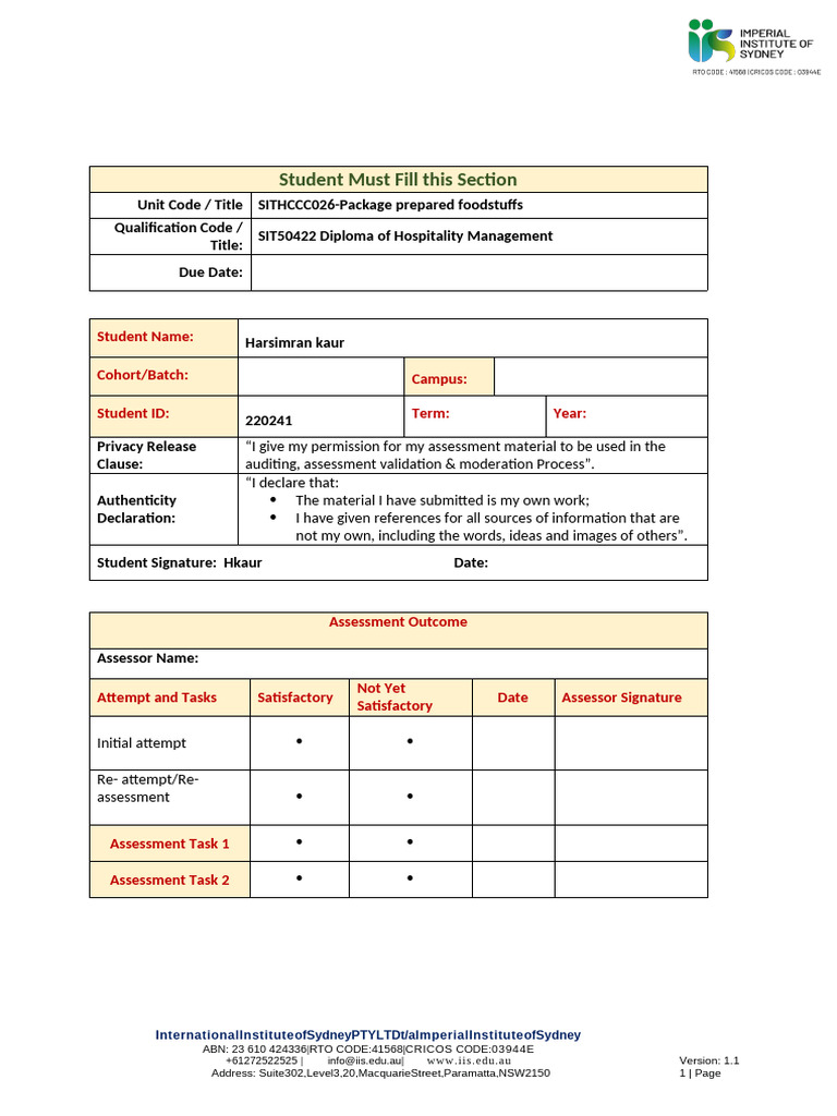SITHCCC026 Student Assessment Tasks | PDF | Food Safety | Packaging And ...