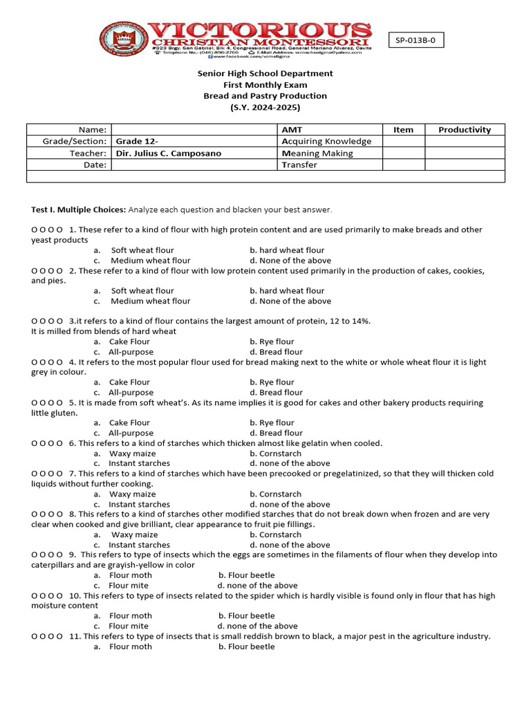 1st Monthly Exam_BPP | PDF | Flour | Starch