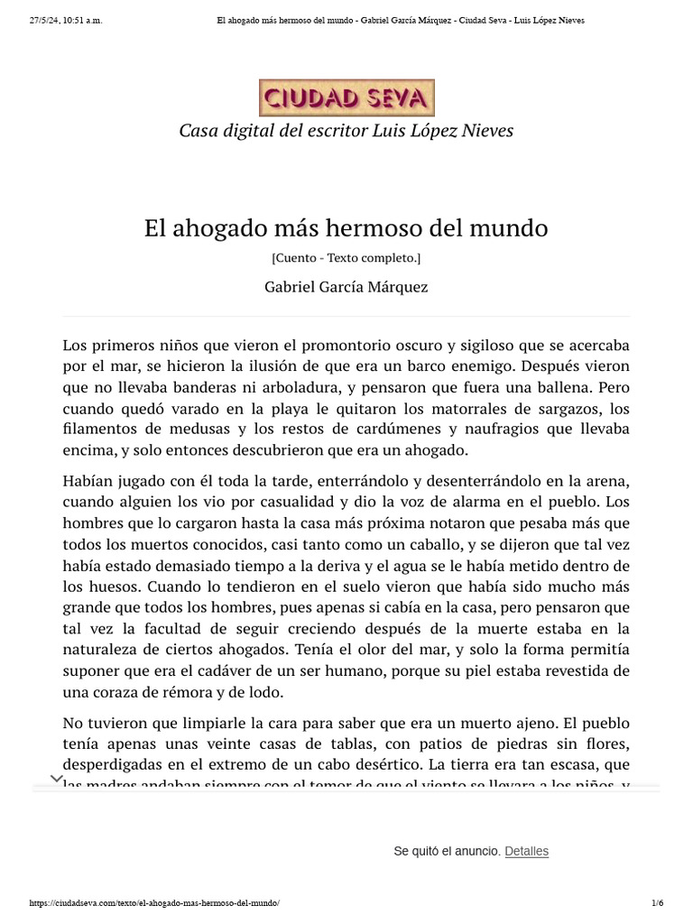 El Ahogado Más Hermoso Del Mundo - Gabriel García Márquez - Ciudad Seva ...