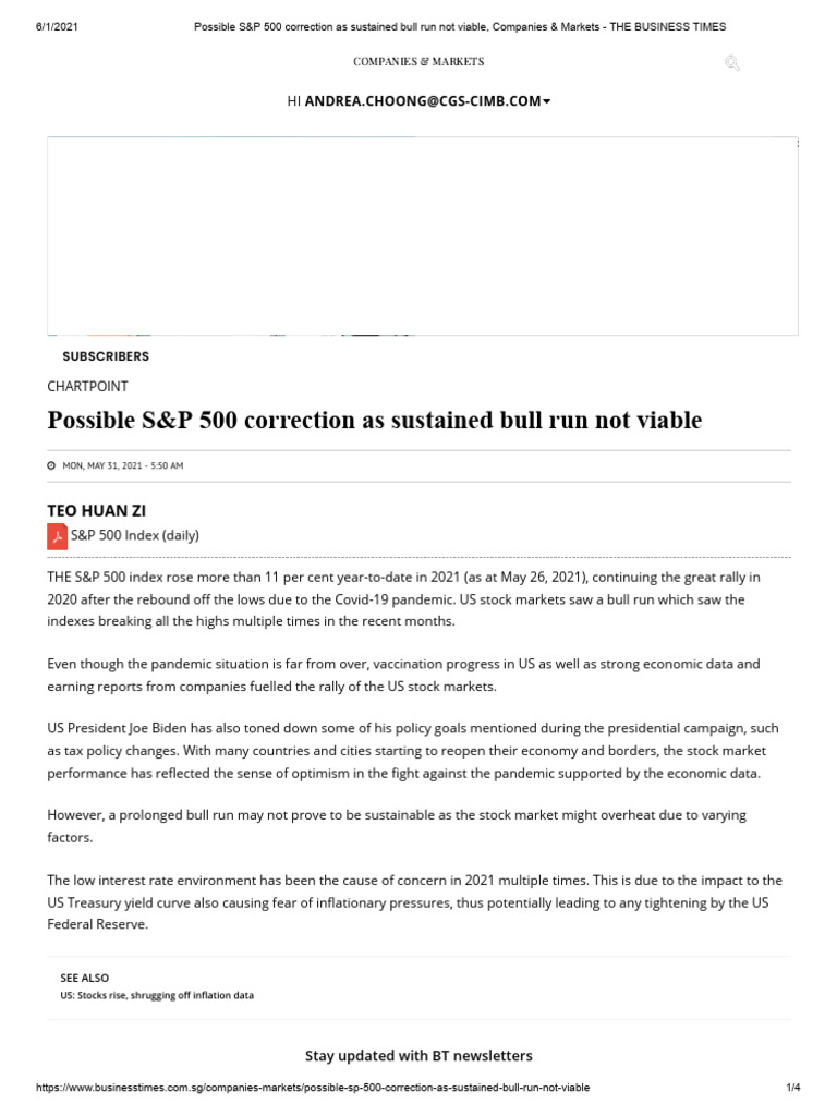 Possible S P 500 Correction As Sustained Bull Run Not Viable Companies