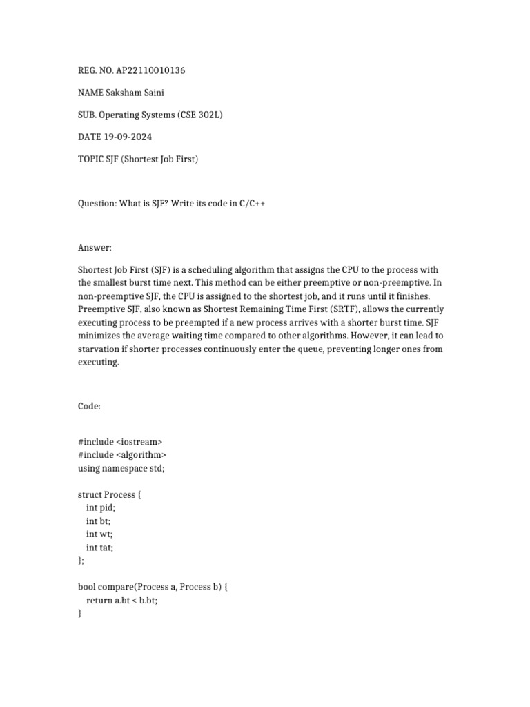 SJF Scheduling Assignment Updated | PDF | Computers