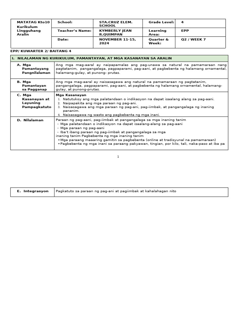 Epp 4 - DLL - Q2 - Week 7 | PDF
