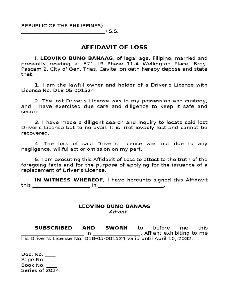 Affidavit of Loss Driver's License | PDF | Law