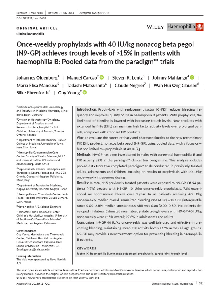 Haemophilia - 2018 - Oldenburg - Once Weekly Prophylaxis With 40 IU KG Nonacog Beta Pegol N9 GP ...