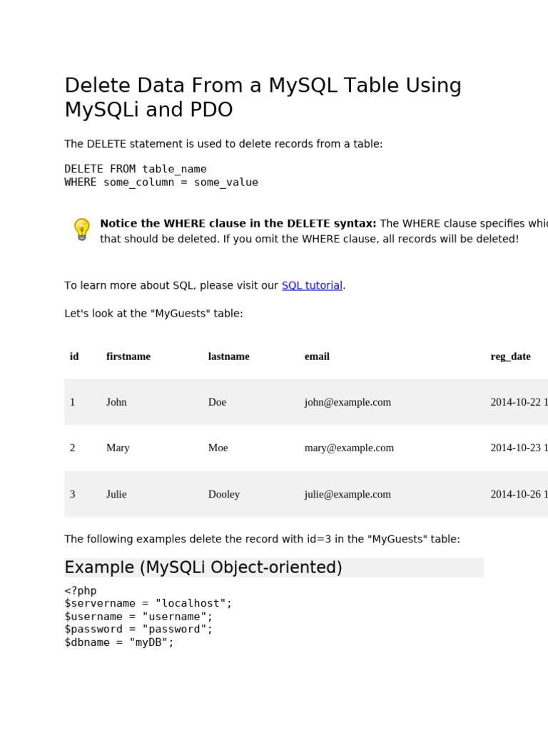 Delete Data From A Mysql Table Using Mysqli And Pdo Pdf Software Development Computer Data