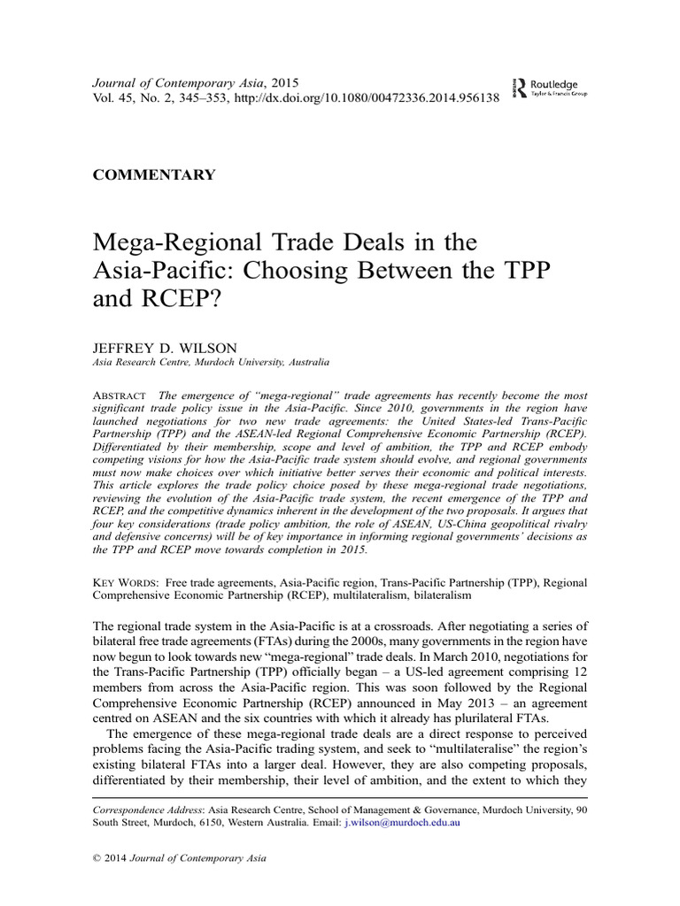 Wilson-Choosing Between TPP and RCEP | PDF | Trans Pacific Partnership | World Trade Organization