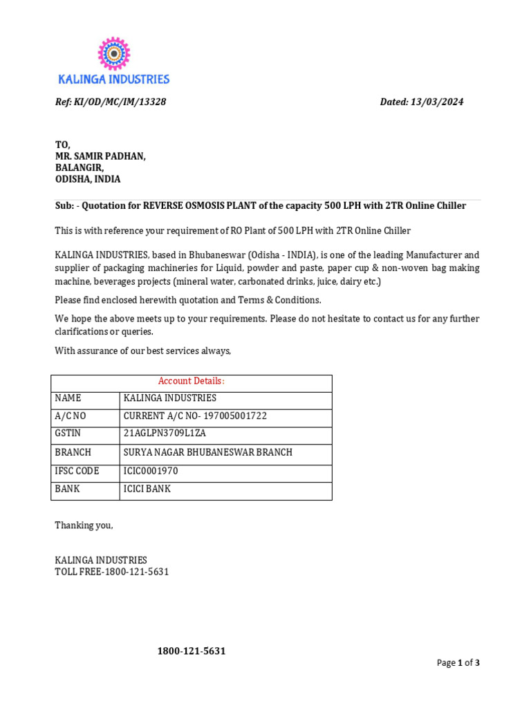 RO Plant & Chiller Quotation | PDF | Business | Finance & Money Management