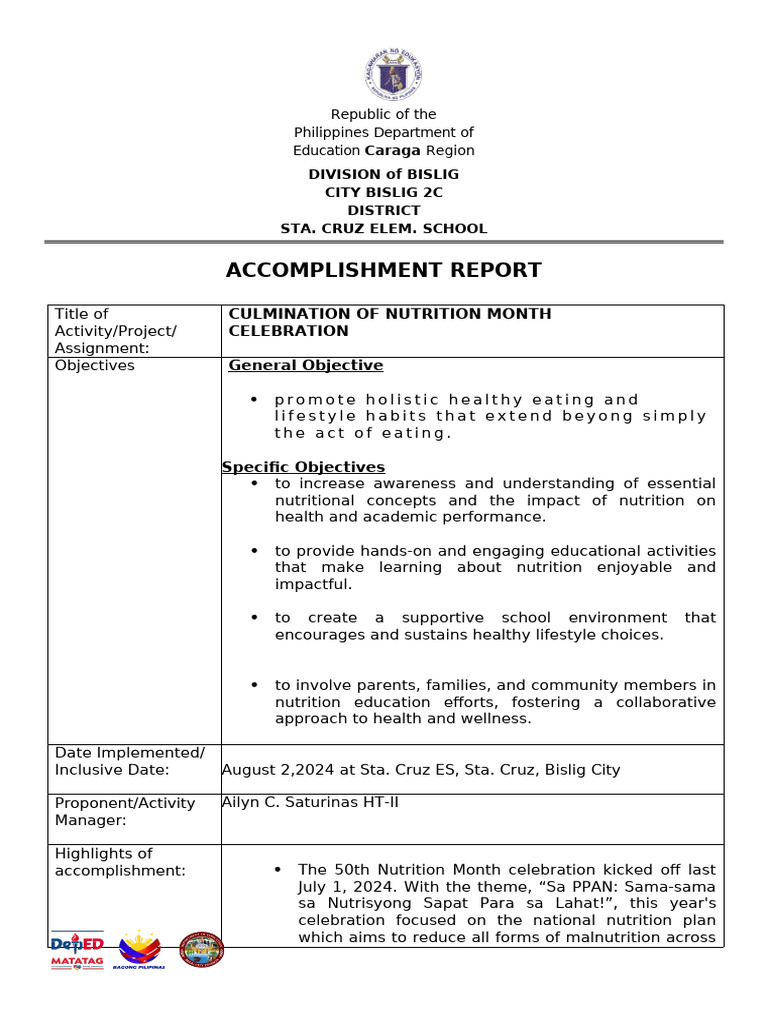 ACCOMPLISHMENT REPORT Nutrition Month Final | PDF | Healthy Diet | Nutrition
