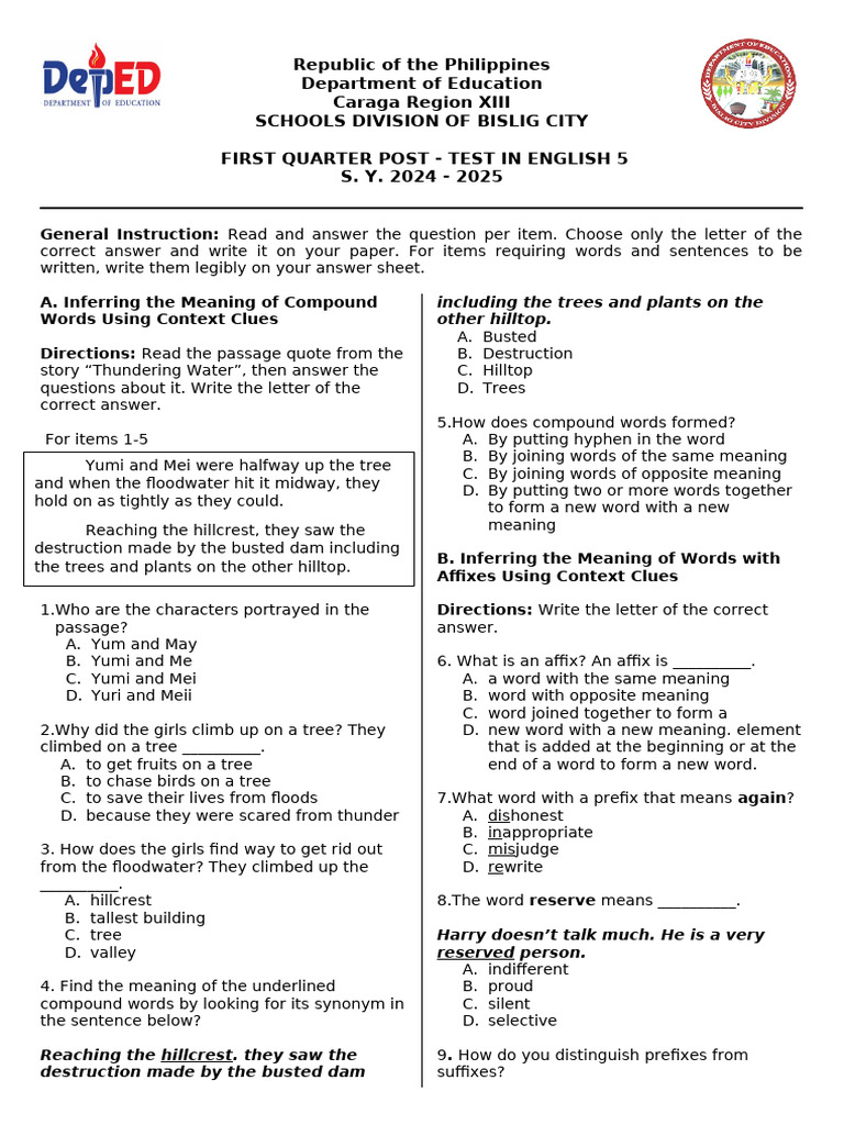 English 5. Q1. TQ. Post Test | PDF | Verb | Subject (Grammar)