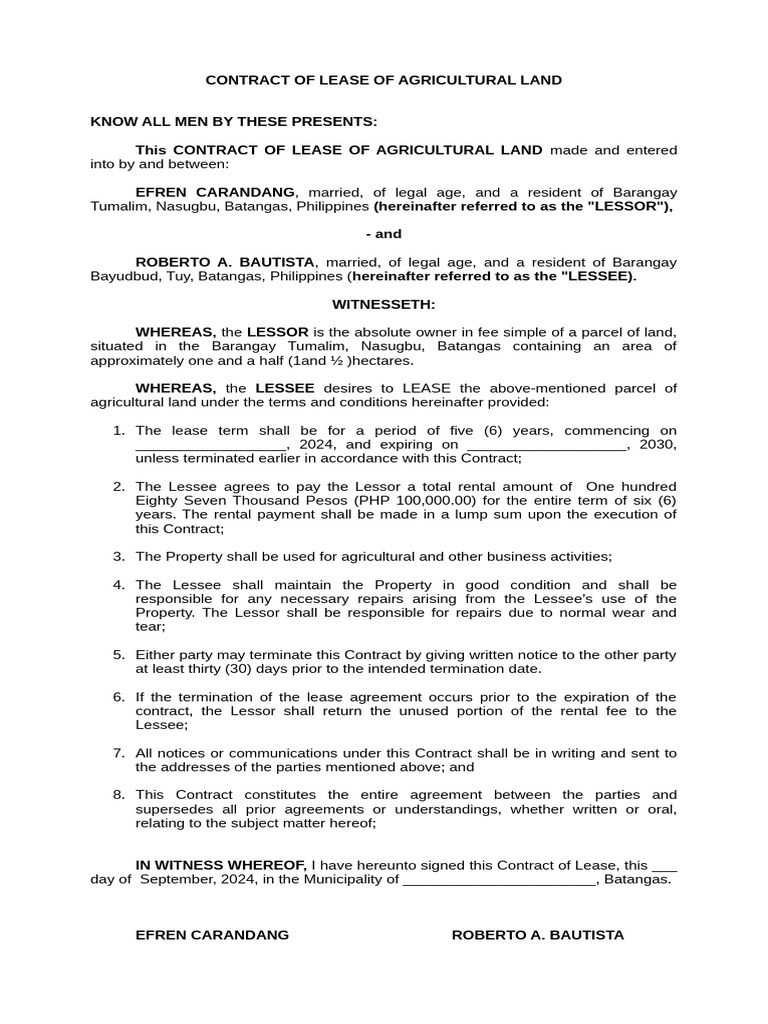 CONTRACT OF LEASE-BARANGAY TUMALIM | PDF | Lease | Consent