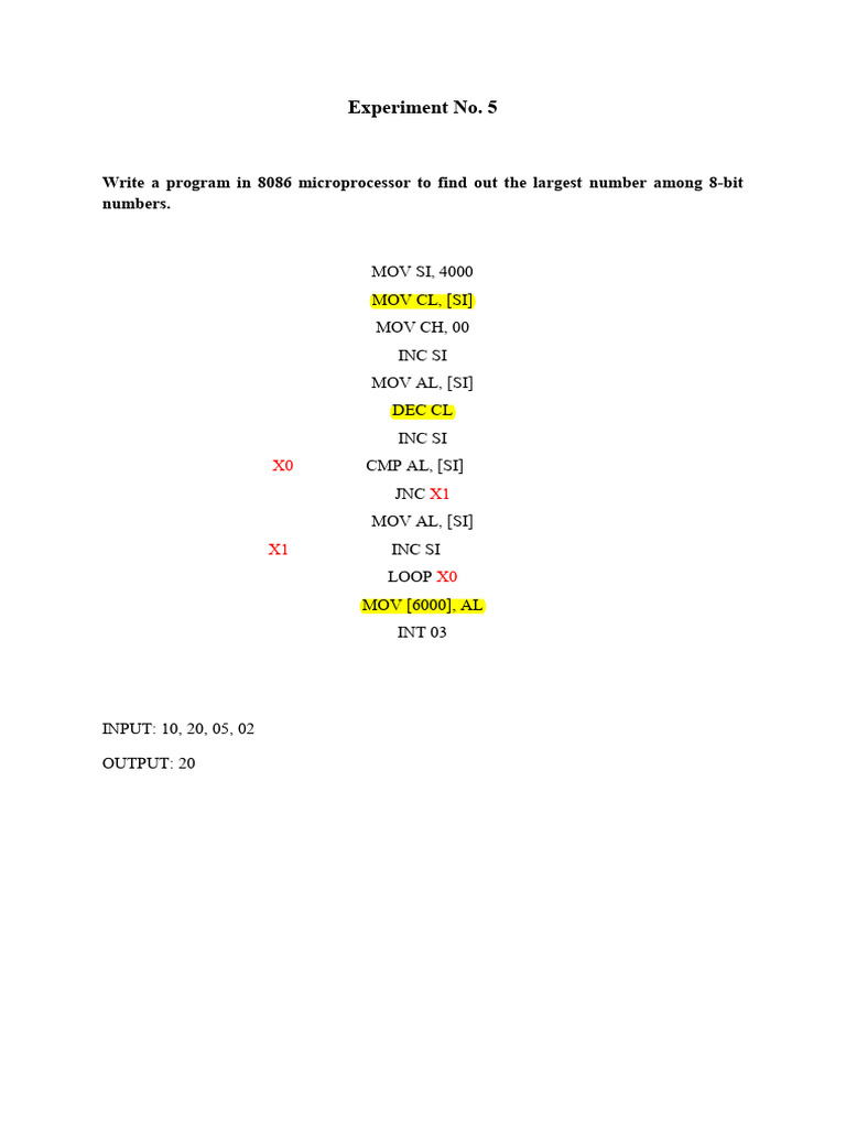 Experiment No. 5: Write A Program in 8086 Microprocessor To Find Out The Largest Number Among 8 ...
