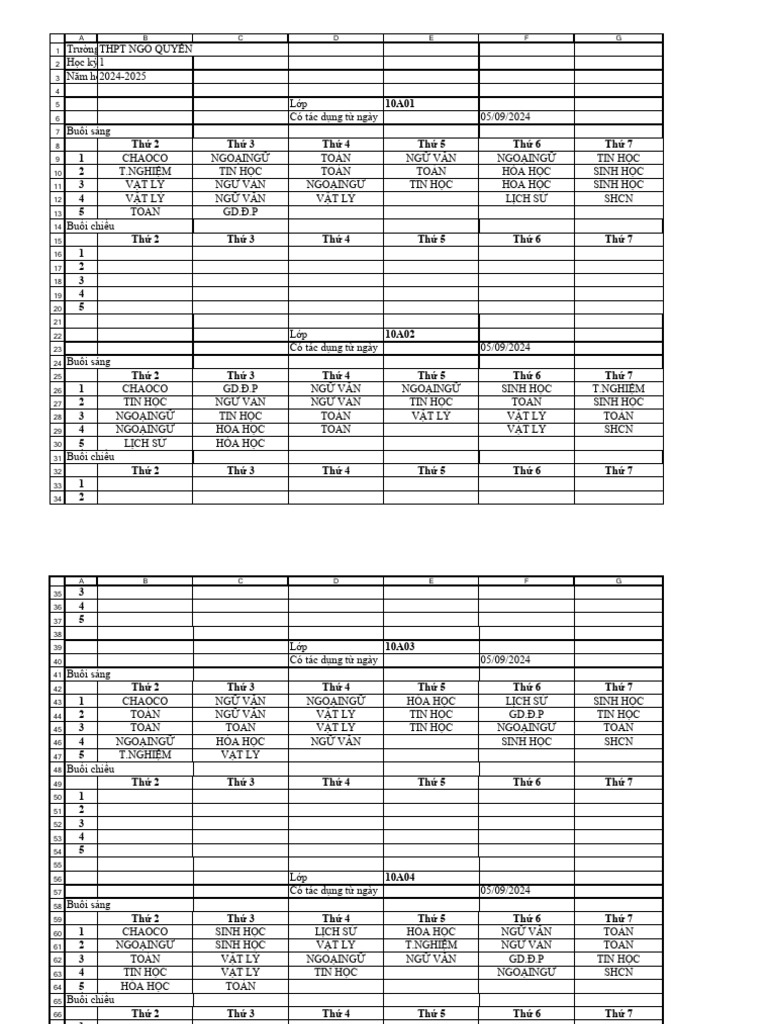 1.TKB - Lop - NQ - Buoisang 2024-2025 Hki | PDF