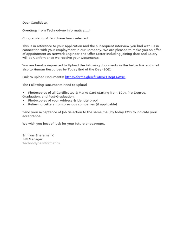 Job Offer for Network Engineer Position | PDF