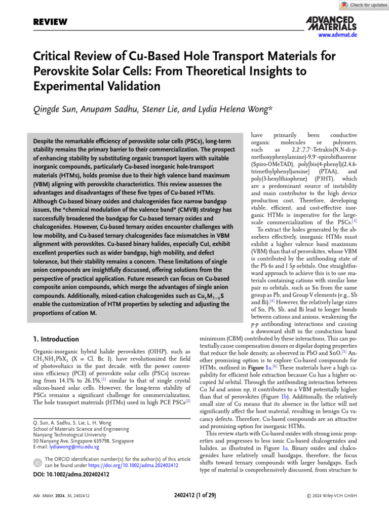 Advanced Materials - 2024 - Sun - Critical Review of Cu‐Based Hole Transport Materials for ...