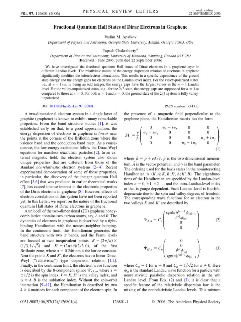 Fractional Quantum Hall States of Dirac Electrons in Graphene | PDF ...